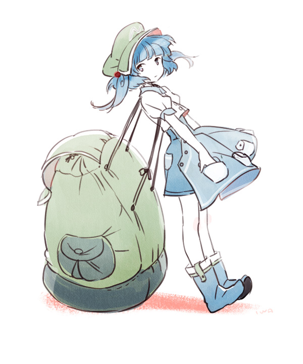 Safebooru - 1girl backpack bag blue eyes blue hair boots hair bobbles hair ornament hat iwamoto ...