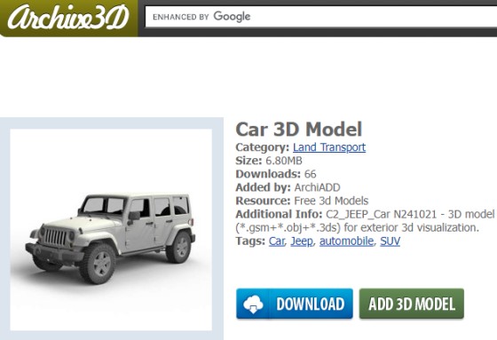 Archive3D.netからダウンロードした自動車の3Dモデリングデータ、"C2_JEEP_Car N241021" | KOKAのつぶやき