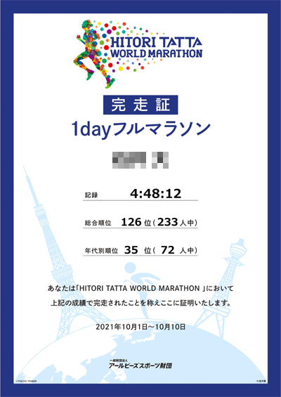 HITORI TATTA WORLD MARATHON【完走証】届く | もうちょいガンバレRUN日誌