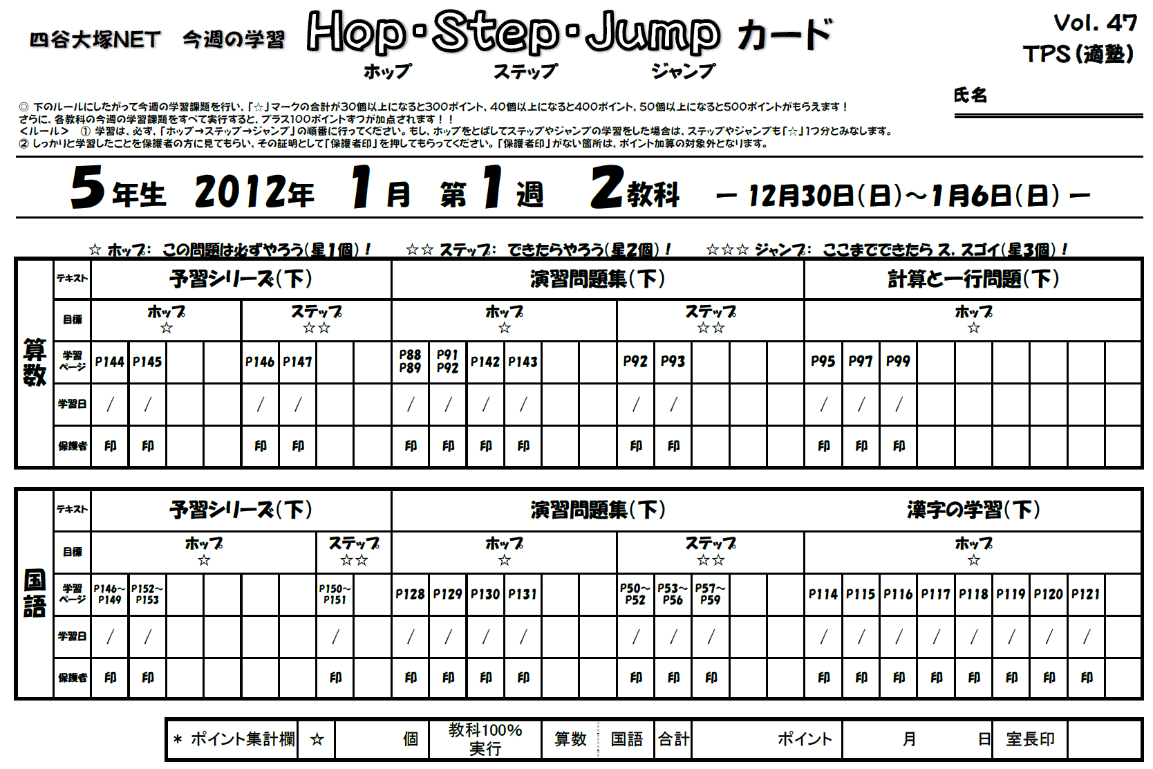 『今週の学習 Hop Step Jump カード』（3月5週）をアップしました。 - vol. 678 - | 適塾四谷大塚生学習BLOG