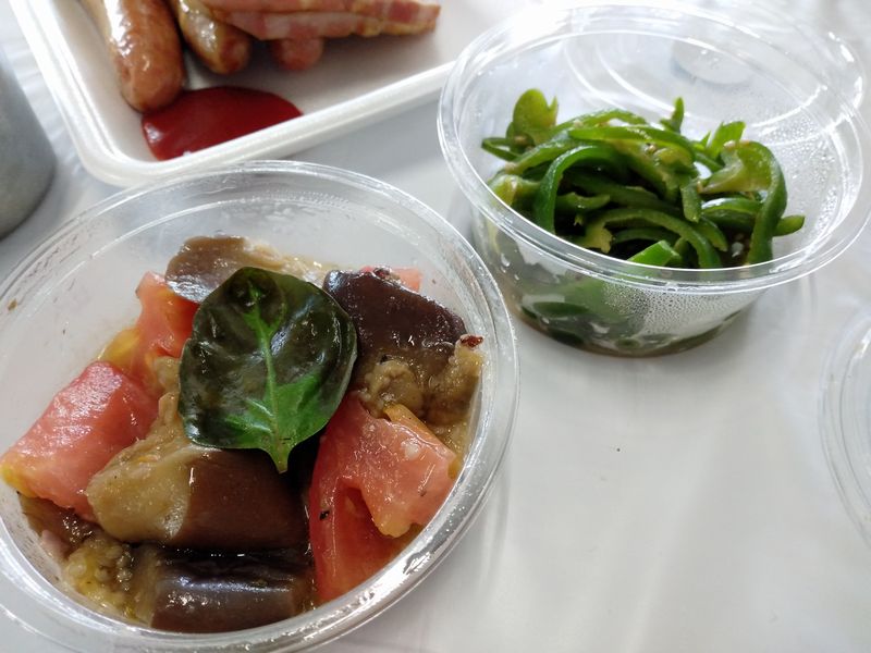 『ハムステーキ＆ソーセージ、トマトマリネ＆無限ピーマン、ナスの揚げ浸し、ハラミ焼き』（一ノ関地ビールフェスティバル） | DDRダイエット改 ...