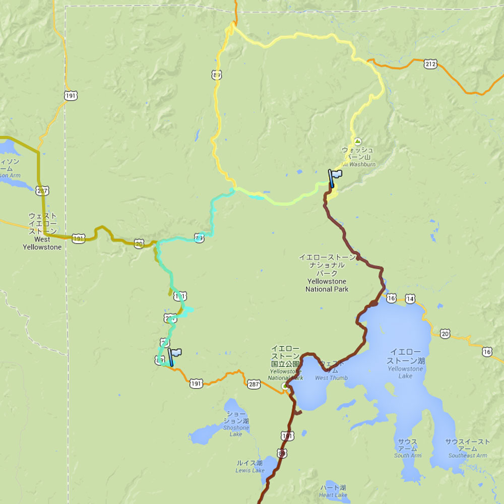 イエローストーン国立公園ツアーの走行軌跡 | イケてる、モノ・コト