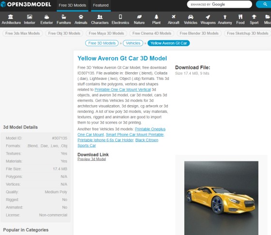 Open3dModel.comからダウンロードした自動車の3Dモデリングデータ、"Yellow Averon Gt Car" | KOKAのつぶやき